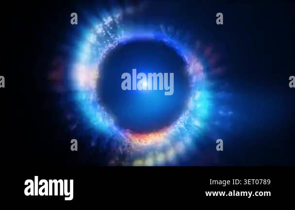 An abstract cosmic ring of fiery particles and light surrounds a bright ...