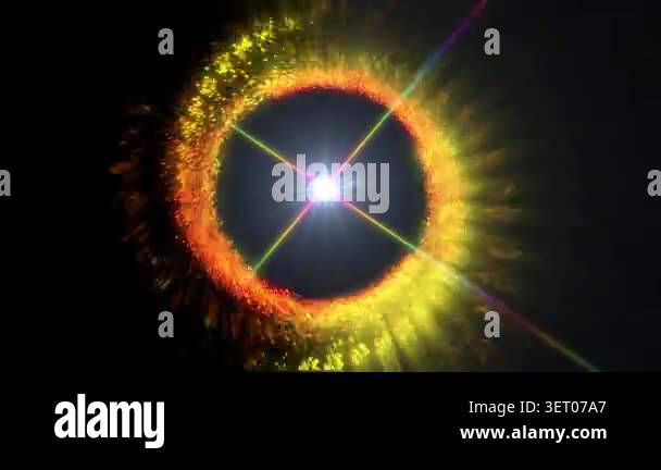 An abstract cosmic ring of fiery particles and light surrounds a bright ...