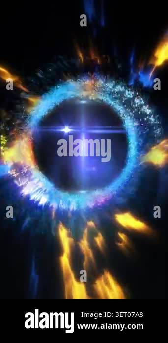 An abstract cosmic ring of fiery particles and light surrounds a bright ...