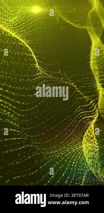 Abstract digital waves formed by glowing particles move across a ...