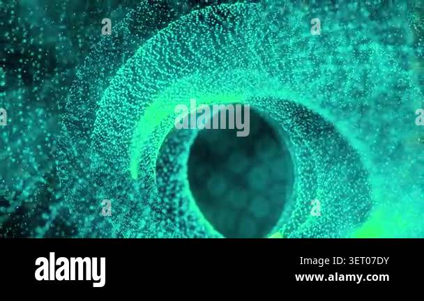 Abstract digital waves formed by glowing particles move across a ...