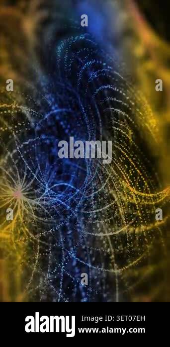 Abstract digital waves formed by glowing particles move across a ...