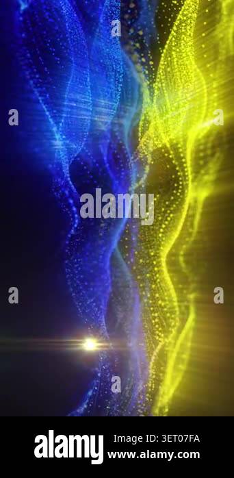 Abstract digital waves formed by glowing particles move across a ...