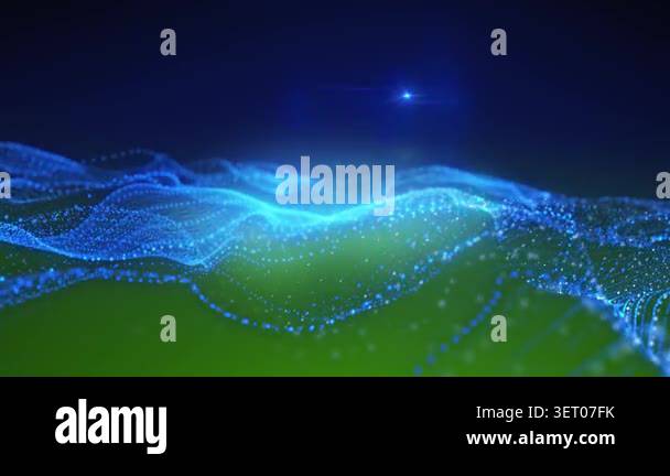 Abstract digital waves formed by glowing particles move across a ...