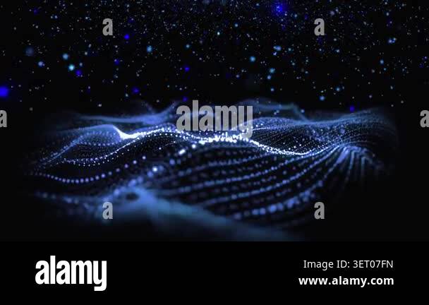 Abstract digital waves formed by glowing particles move across a ...