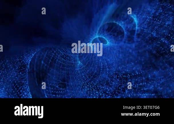 Abstract digital waves formed by glowing particles move across a ...