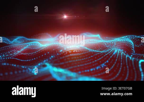 Abstract digital waves formed by glowing particles move across a ...
