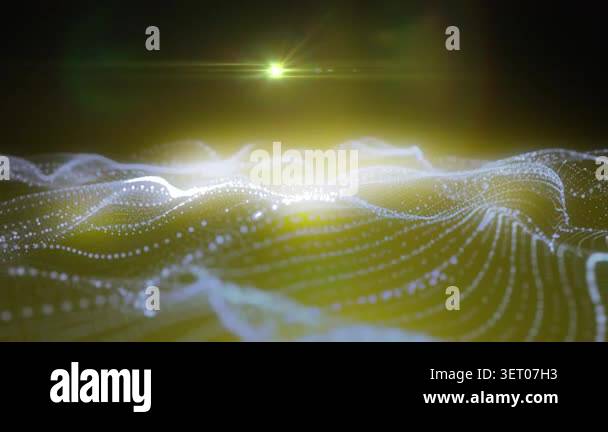 Abstract digital waves formed by glowing particles move across a ...