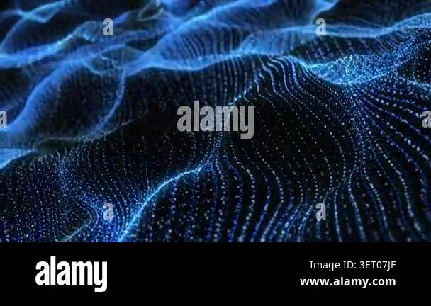 Abstract digital waves formed by glowing particles move across a ...