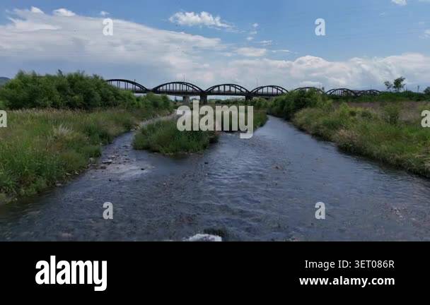 River flowing under bridge surrounded by greenery Stock Video Footage ...