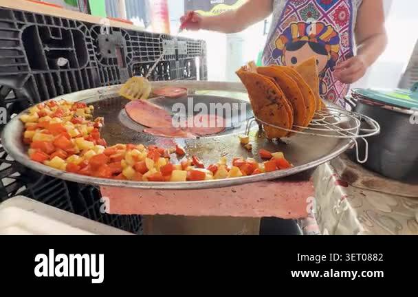 Queretaro Street Food Vendor Cooking Enchiladas Griddle Close Up. High ...