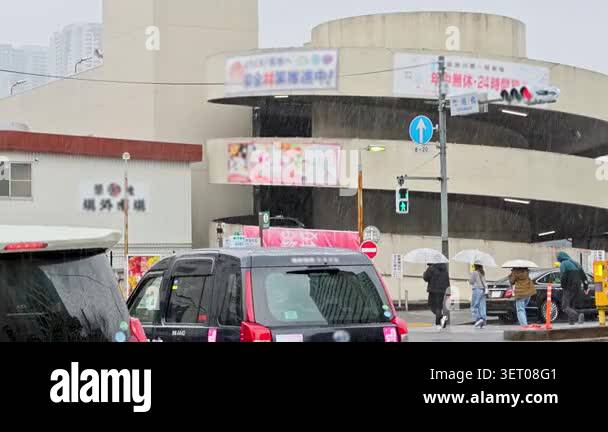 Rainy Tokyo Pedestrians Umbrellas Parking Urban Street Scene. High ...