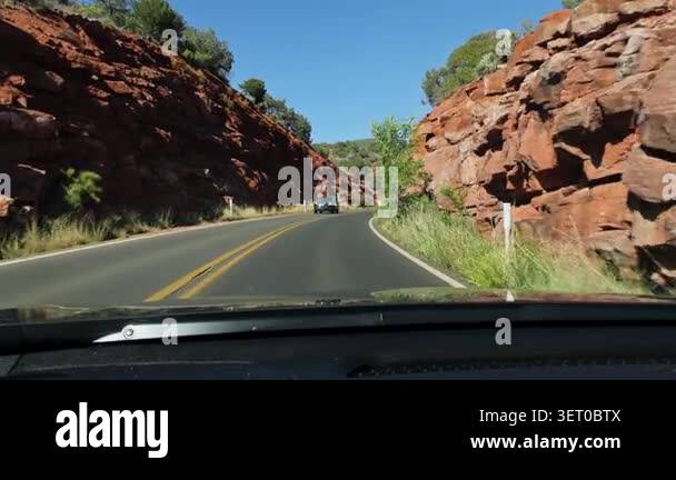 Sedona Red Rock Canyon Roadway Between Desert Cliffs Drive Pov. High ...
