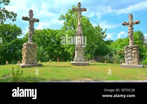 Tihany, Hungary - May 19, 2026: Three historic stone crucifixion ...