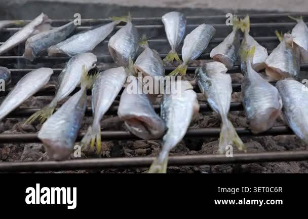 Small fresh fish grilling over hot charcoal on a barbecue grate during ...