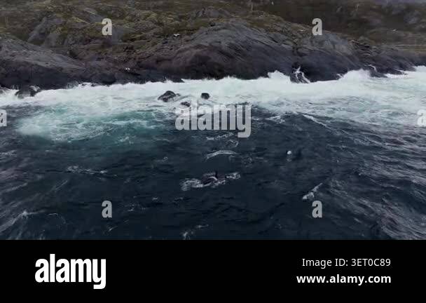 Aerial shot of a small rigid inflatable boat with two people moving ...