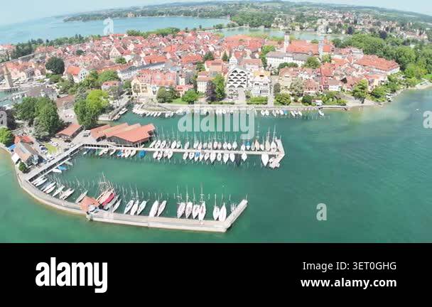 aerial panoramic view of lake the town of Lindau Island in Germany ...