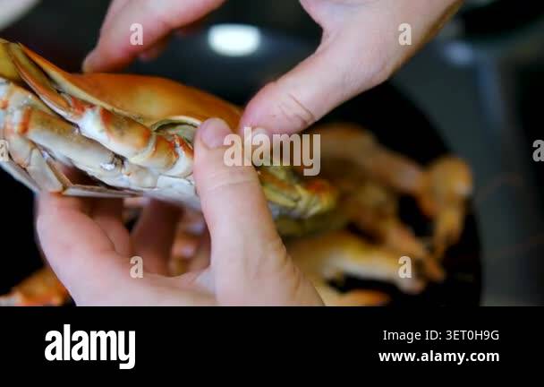 Blue crab and shrimp are boiled in a glass pot, served on a plate and ...