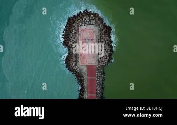 Aerial zenith drone captures the Miramar Beach breakwater in Tamaulipas ...