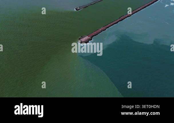 Aerial zenith drone captures the Miramar Beach breakwater in Tamaulipas ...