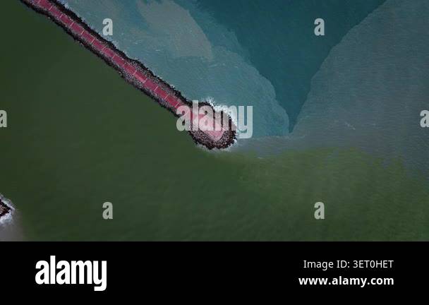 Aerial zenith drone captures the Miramar Beach breakwater in Tamaulipas ...