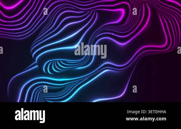 Blue and ultraviolet neon laser glowing curved fluid waves abstract ...