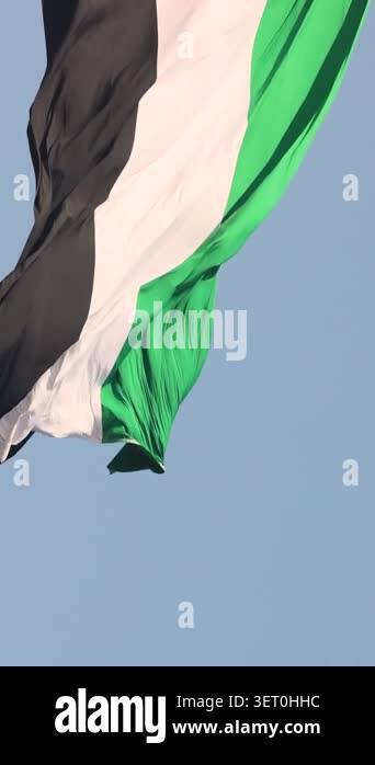 United Arab Emirates flag waving in wind under bright blue sky. High ...