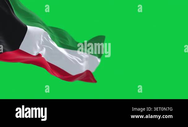 Kuwait national flag waving in the wind isolated on green background ...