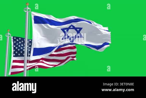 Israel and United States flags waving together isolated on green ...