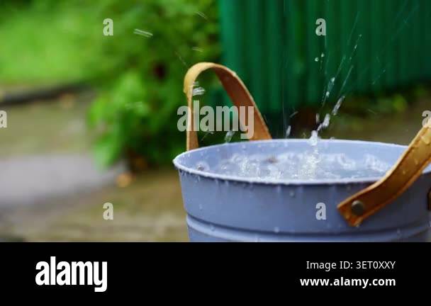 Rainwater Harvesting System Collecting Roof Runoff into Bucket for ...