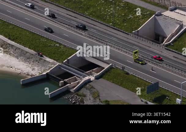 Aerial drone view of fish migration infrastructure under construction ...