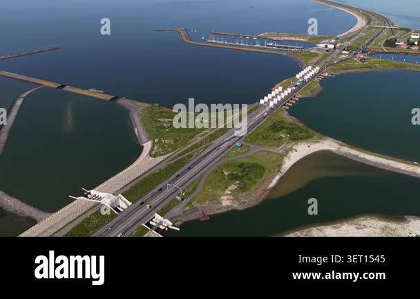 Aerial drone view of fish migration infrastructure under construction ...
