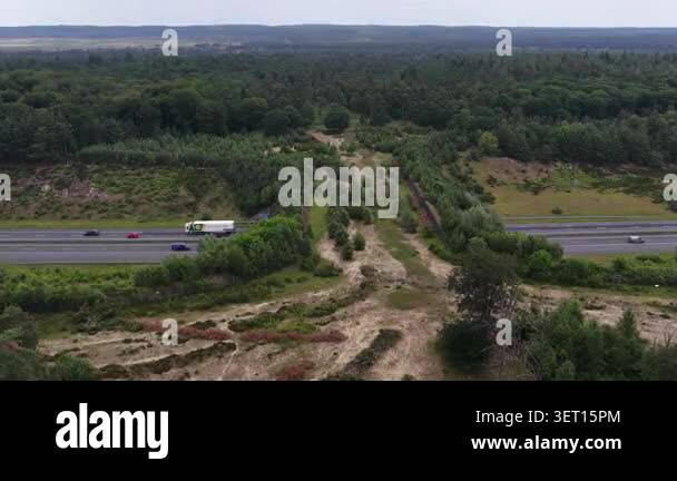 Aerial view showing a wildlife crossing, also known as an ecoduct or ...
