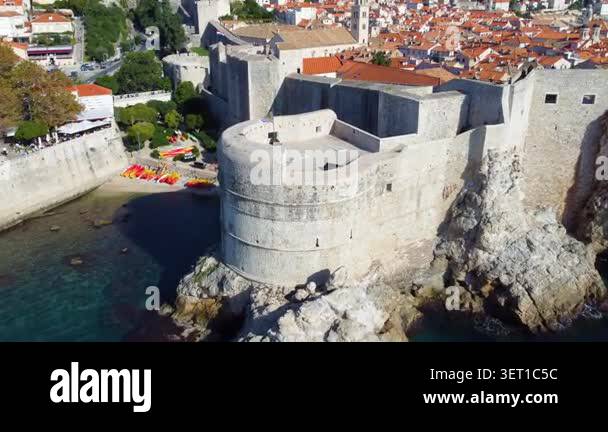 Aerial footage of dubrovnik's medieval fortress and city walls in ...