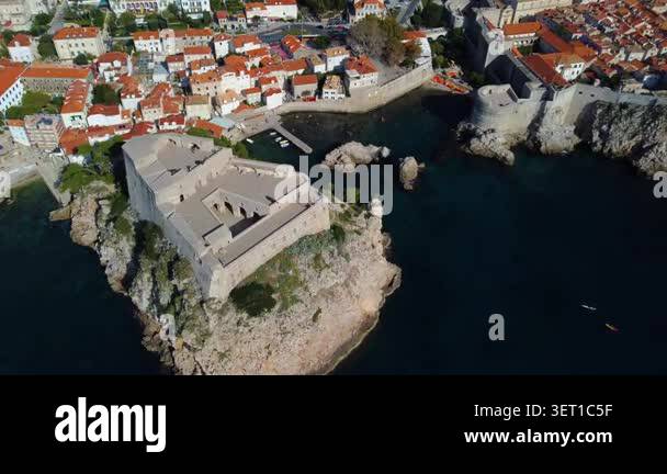 Aerial view showing the lovrijenac fortress perched on a cliff and the ...