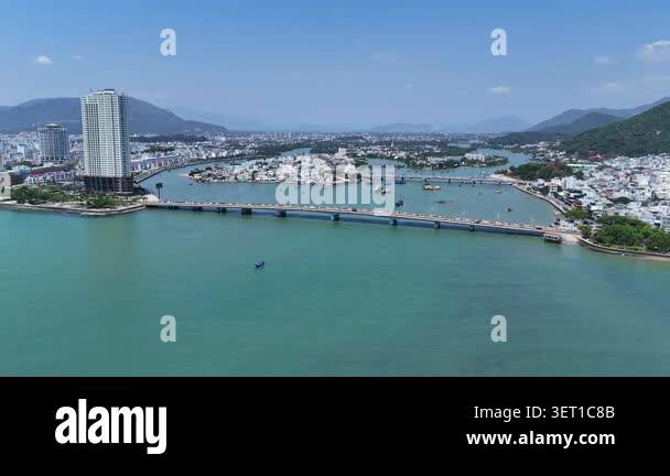 Aerial view of Cau Tran Phu and Cau Xom Bong bridges and Northern part ...