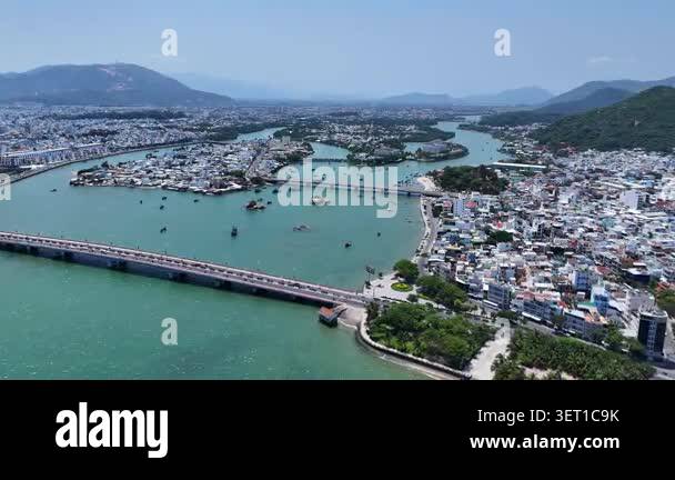 Aerial view of Cau Tran Phu and Cau Xom Bong bridges across Cai river ...