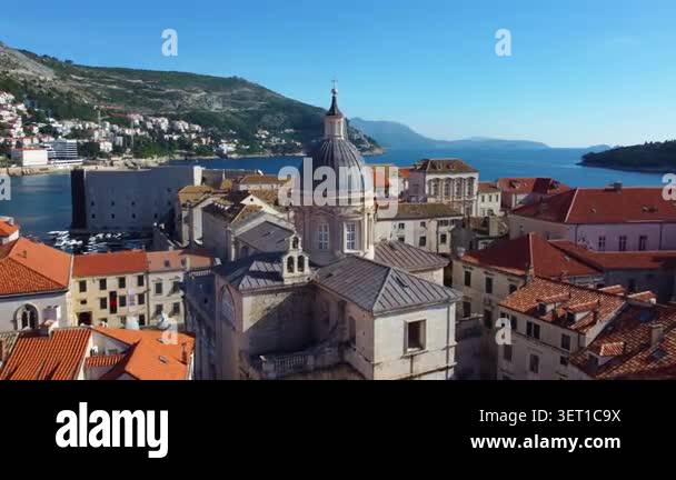 Aerial view circling the cathedral of the assumption of the virgin mary ...