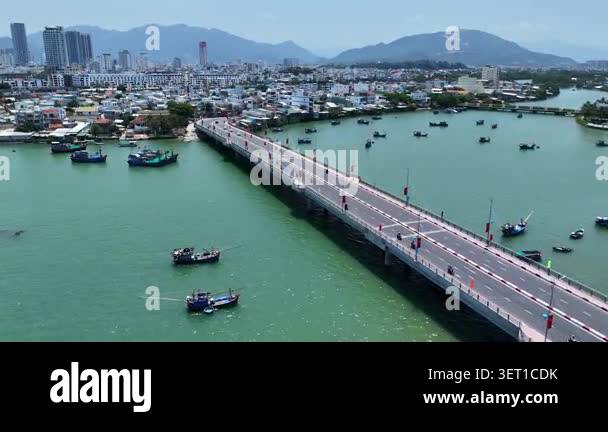 Aerial view of Cau Xom Bong bridge across Cai river in Nha Trang city ...