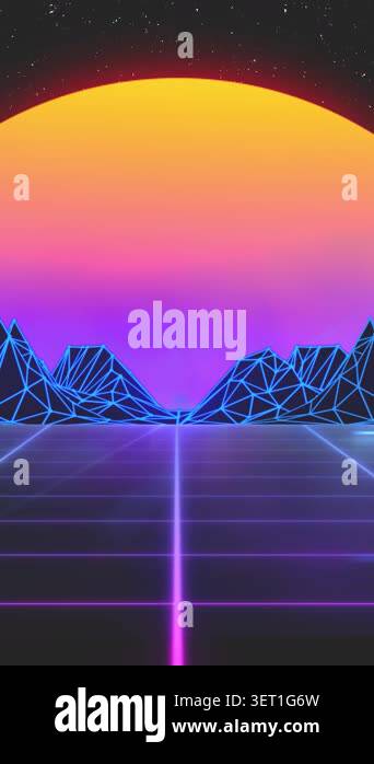 Stylized vintage 3D animation background with mountains and sun. 80s ...