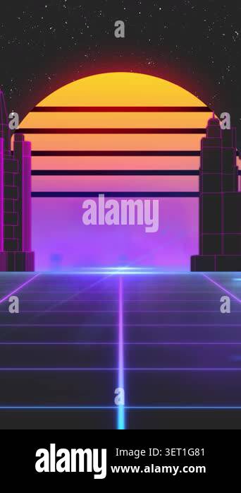 Retrowave horizon landscape neon lights and low poly terrain with ...