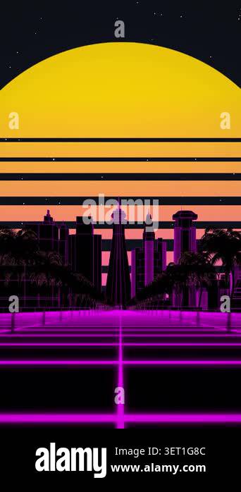Retrowave horizon landscape neon lights and low poly terrain with ...