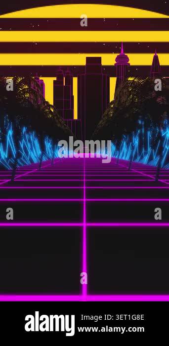 Retrowave horizon landscape neon lights and low poly terrain with ...