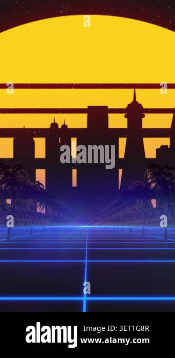 Retrowave horizon landscape neon lights and low poly terrain with ...