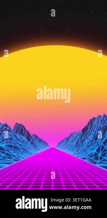 Stylized vintage 3D animation background with mountains and sun. 80s ...