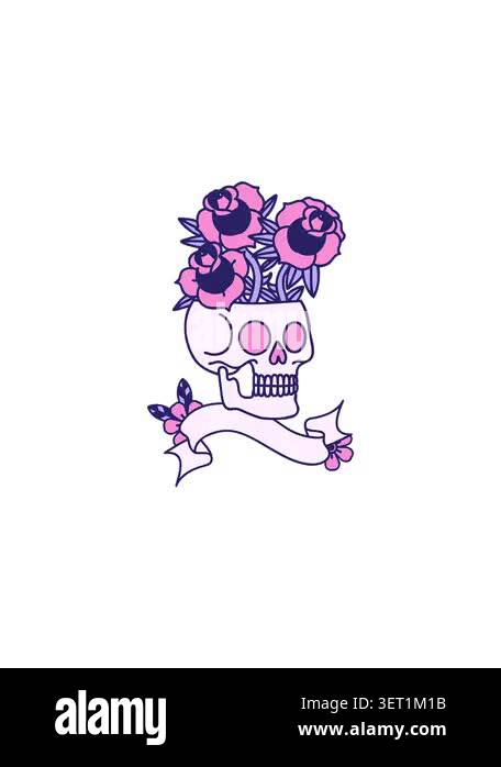 Skull decorated with pink roses and ribbon Stock Video Footage - Alamy