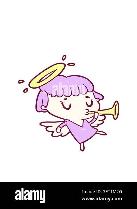 Vertical video showing cute cartoon angel character playing a trumpet ...