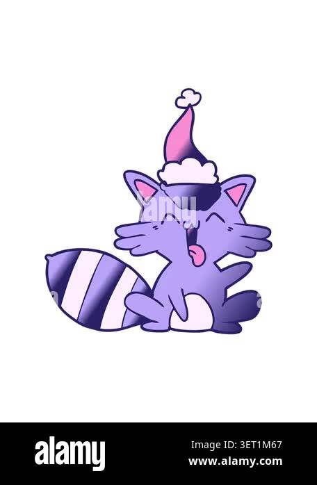 Vertical video showing a cartoon raccoon wearing a Santa hat, with its ...