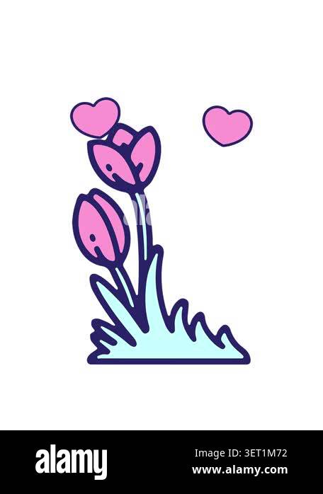 Vertical video showing animated illustration of pink tulips and hearts ...