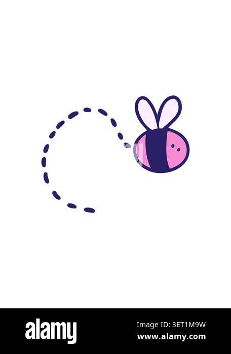 Vertical video showing cute cartoon bee flying in a dashed line path ...